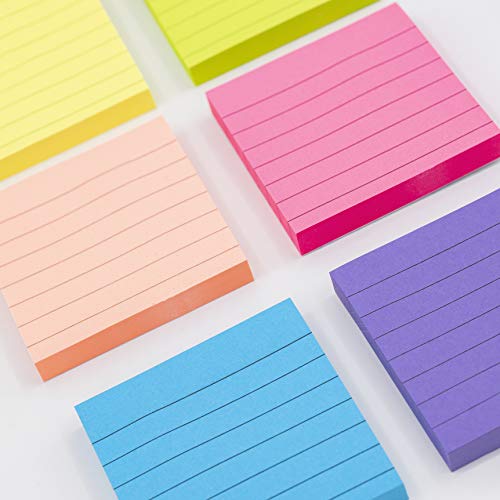 Lined Sticky Notes 3x3 Inches Sticky Notes 6 Neon Bright Color Self-Stick Pads Easy to Post 6 Pads 100 Sheet/pad 600 Sheet Total Individual Package