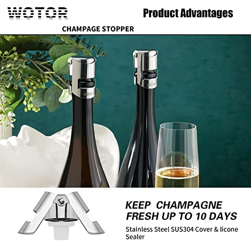 WOTOR 3 Pack Champagne Stoppers with Stainless Steel Champagne Bottle Stoppers with Food Grade Silicone Reusable Champagne Cork, Saver Suitable for Champagne, Cava, Prosecco and Sparkling Wine(Silver)