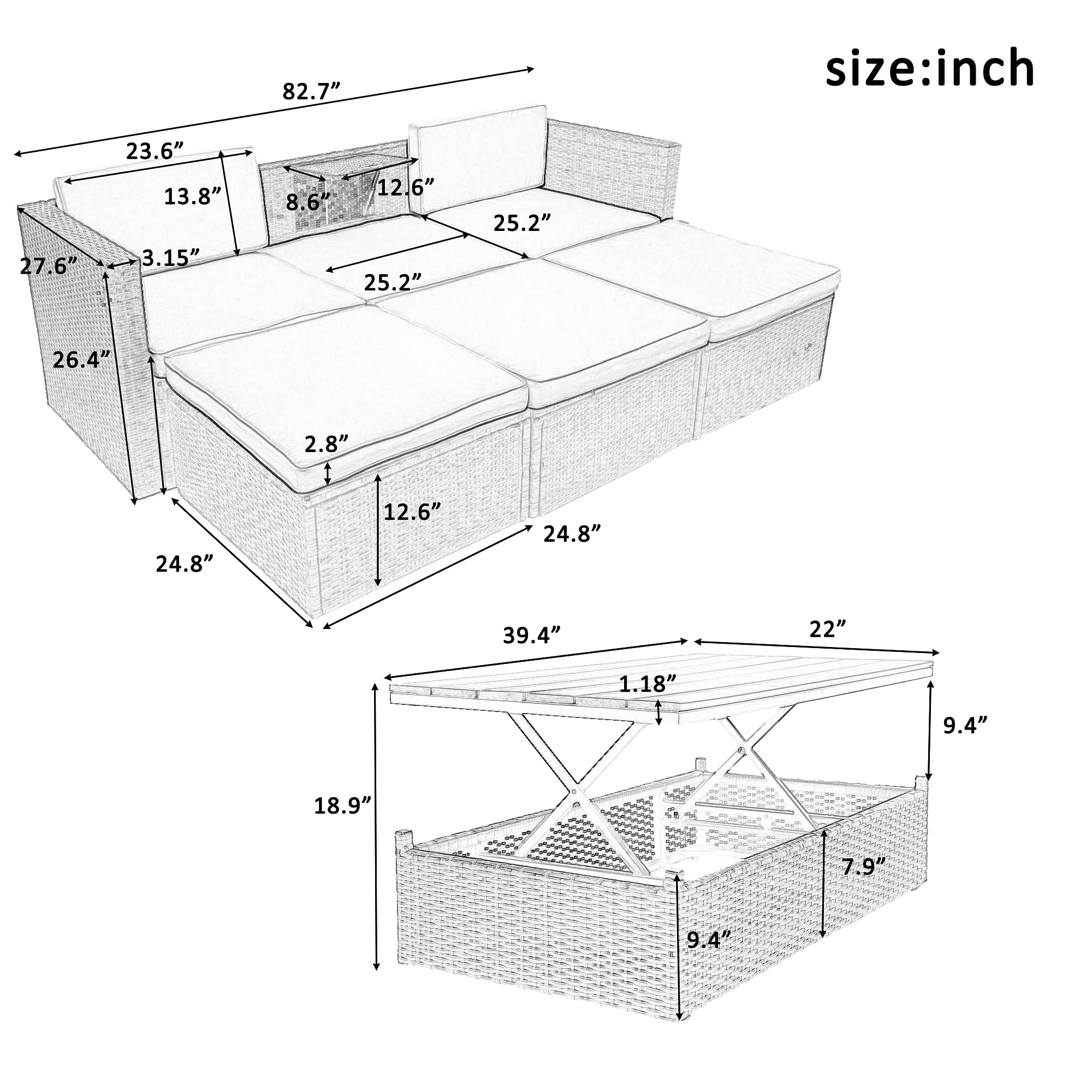 LZ LEISURE ZONE Patio Furniture Sets, 5-Piece Patio Conversation Sets, Outdoor PE Rattan Wicker Sectional Sofa Set with Adjustable Backrest, Ottomans and Lift Top Coffee Table, Grey+Grey