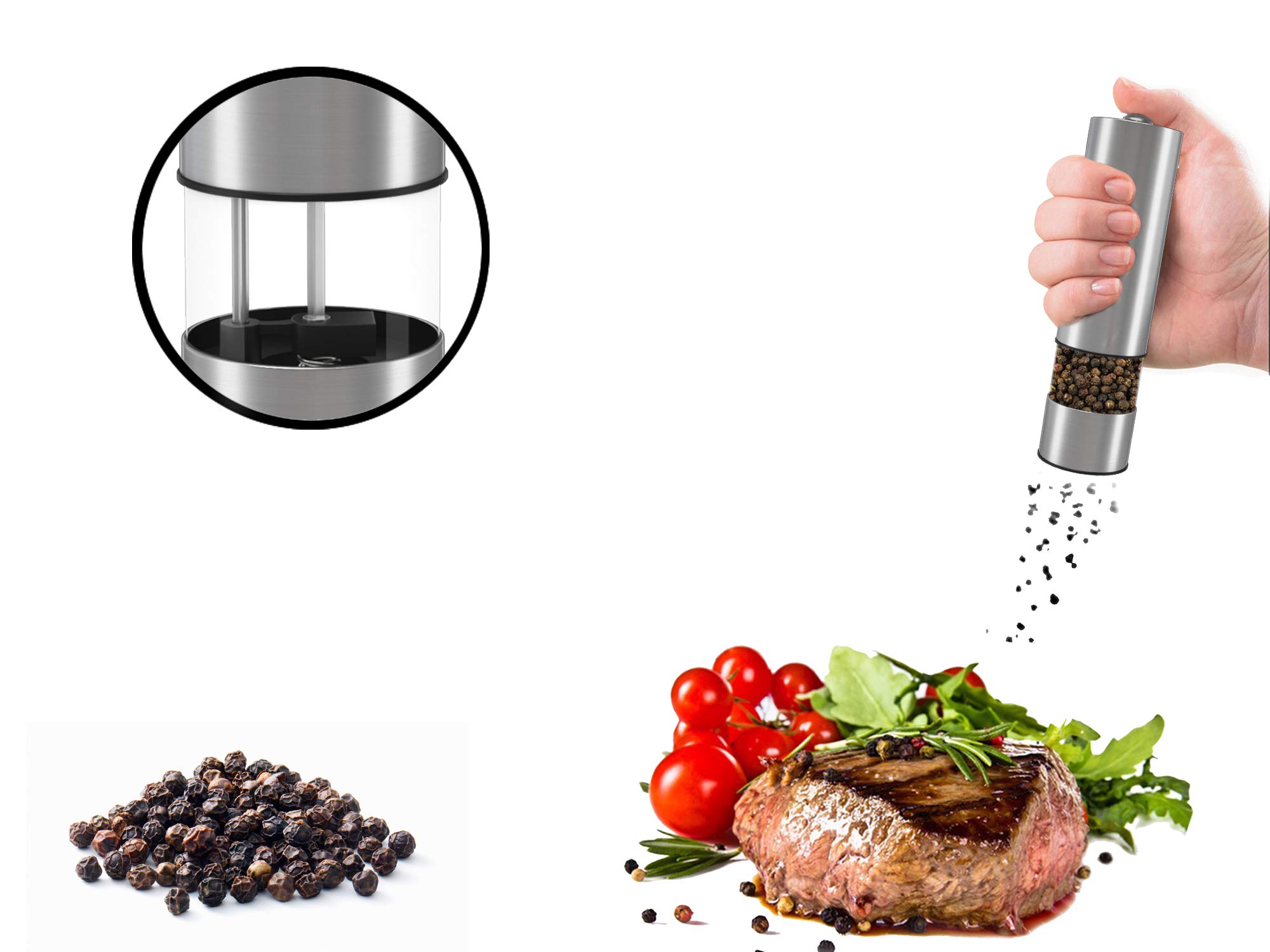 Electric Pepper Grinder or Salt Grinder β Battery Operated Automatic Spice Grinder - Pepper Mill with Light and Adjustable Ceramic Grinder by Velvastar