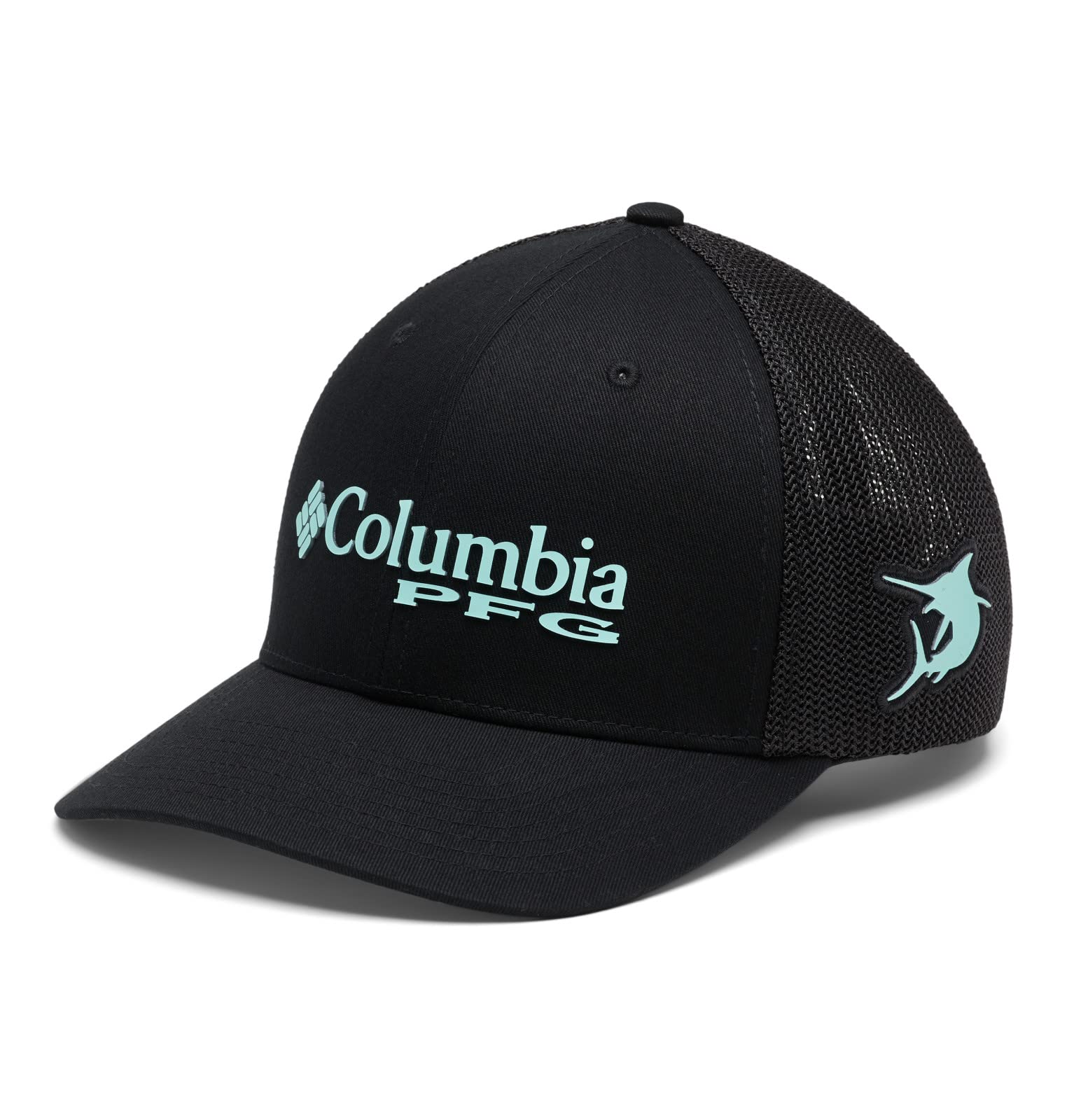 Columbia Unisex PFG Logo Mesh Ball Cap - Mid, Black/Gulf Stream, Small/Medium