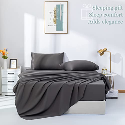 LBRO2M Bed Sheet Set Queen Size 16 Inches Deep Pocket 1800 Thread Count 100% Microfiber Sheet,Bedding Super Soft Comfortable, Cool Warm,4 Piece(Dark Grey)