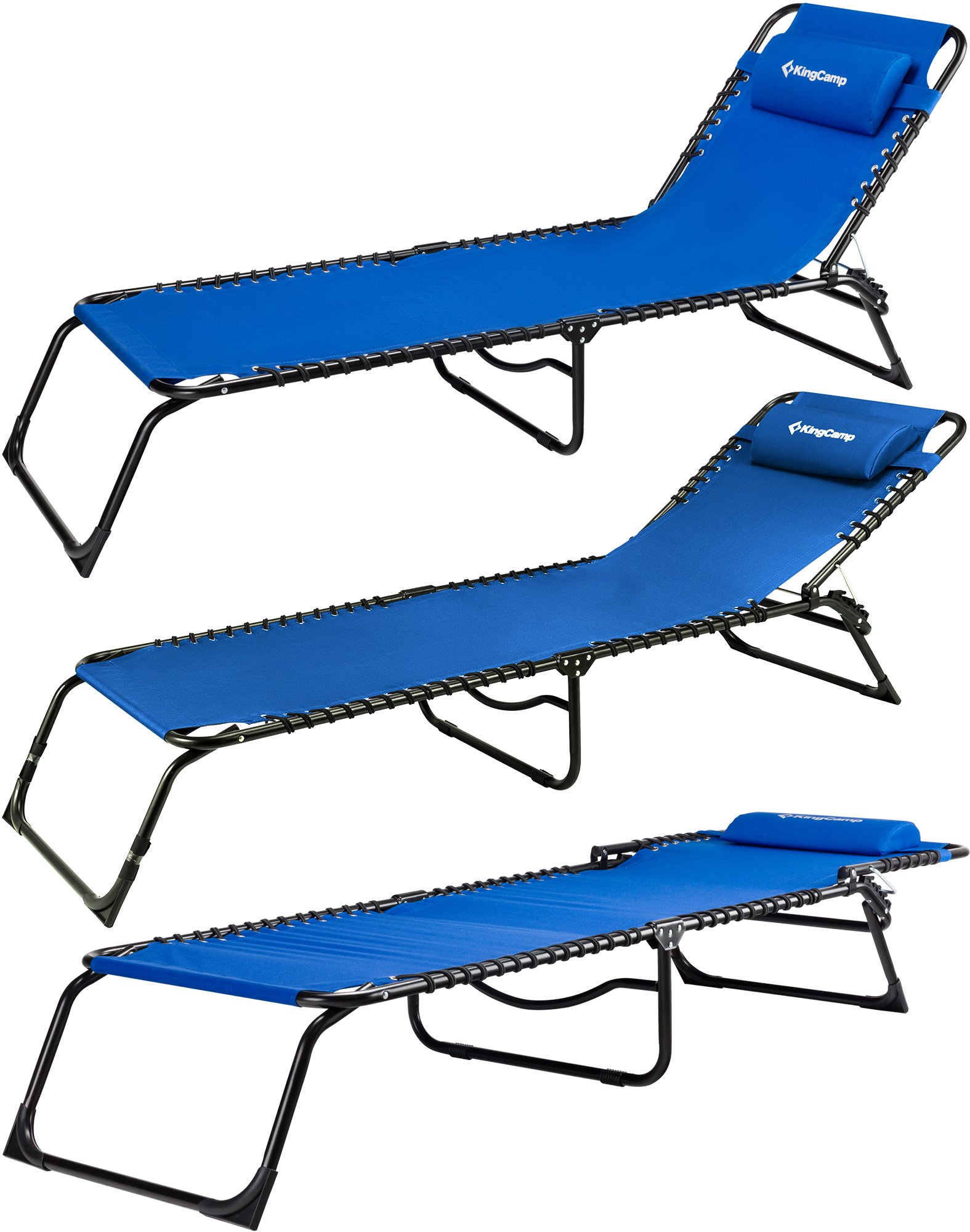 KingCamp Chaise Lounge Removable Pillow 3-Position Adjustable Chair Folding Patio Recliner for Camping Pool Beach Outdoor, Supports 300lbs, Blue, One Size