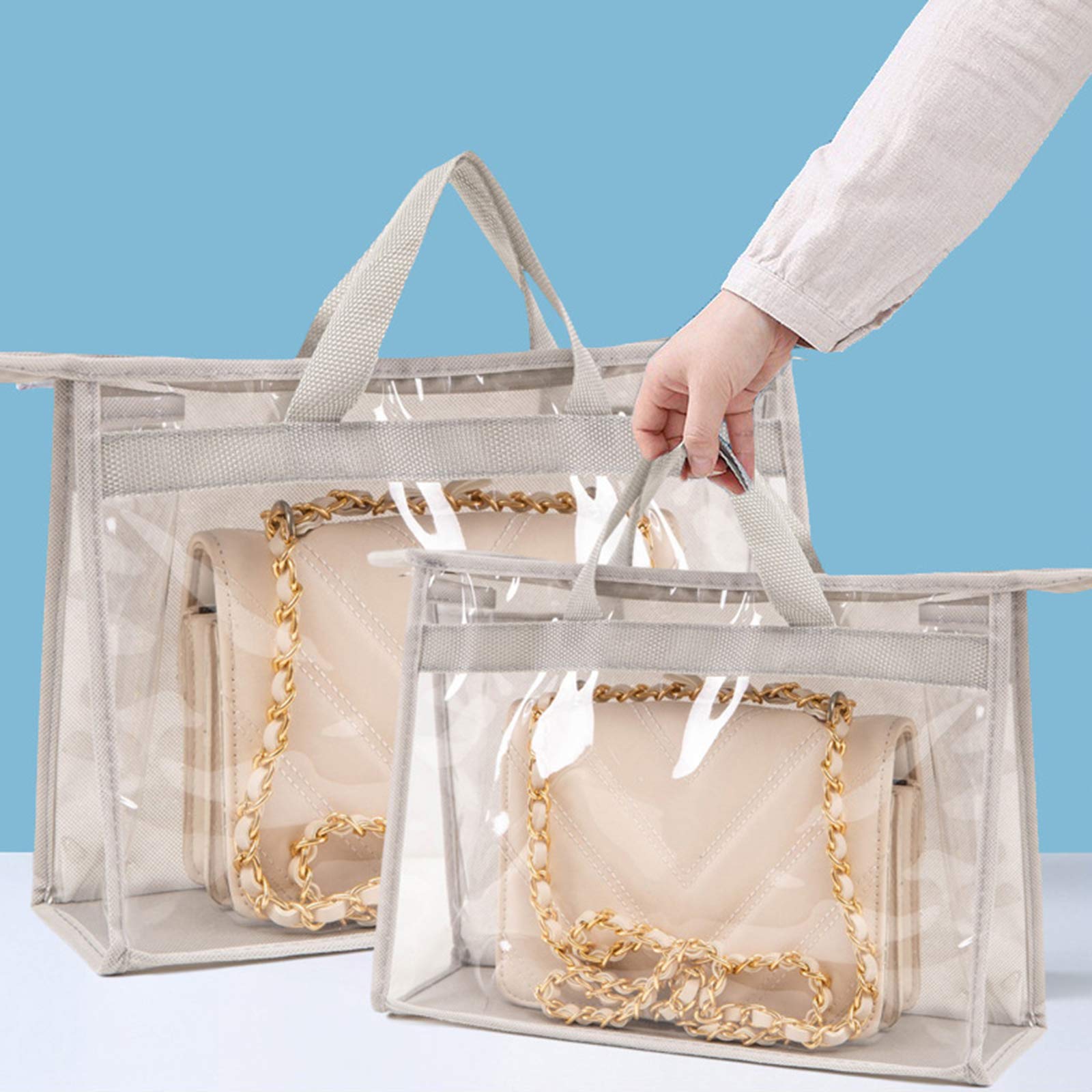 Regilt 3 PCS Transparent Handbag Storage Organizer Space-Saving Dust Cover Bag Dust-Proof Purse Storage Bag with Zipper and Handle (Grey, 3)
