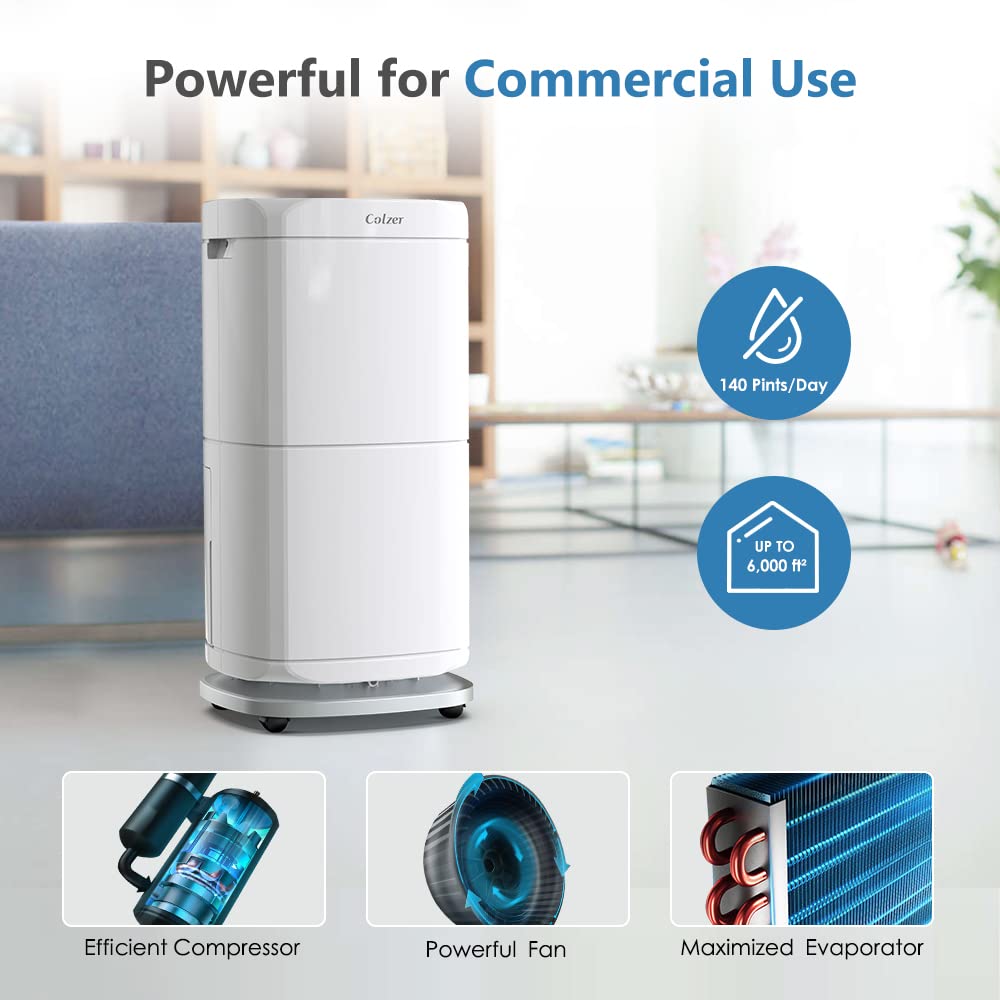 COLZER 140 Pints Commercial Dehumidifier for 6,000 Sq Ft Basements and Large Rooms with Continuous Drain Hose, 2.1 Gallons Water Tank, Advanced Touchpad Control Panel1