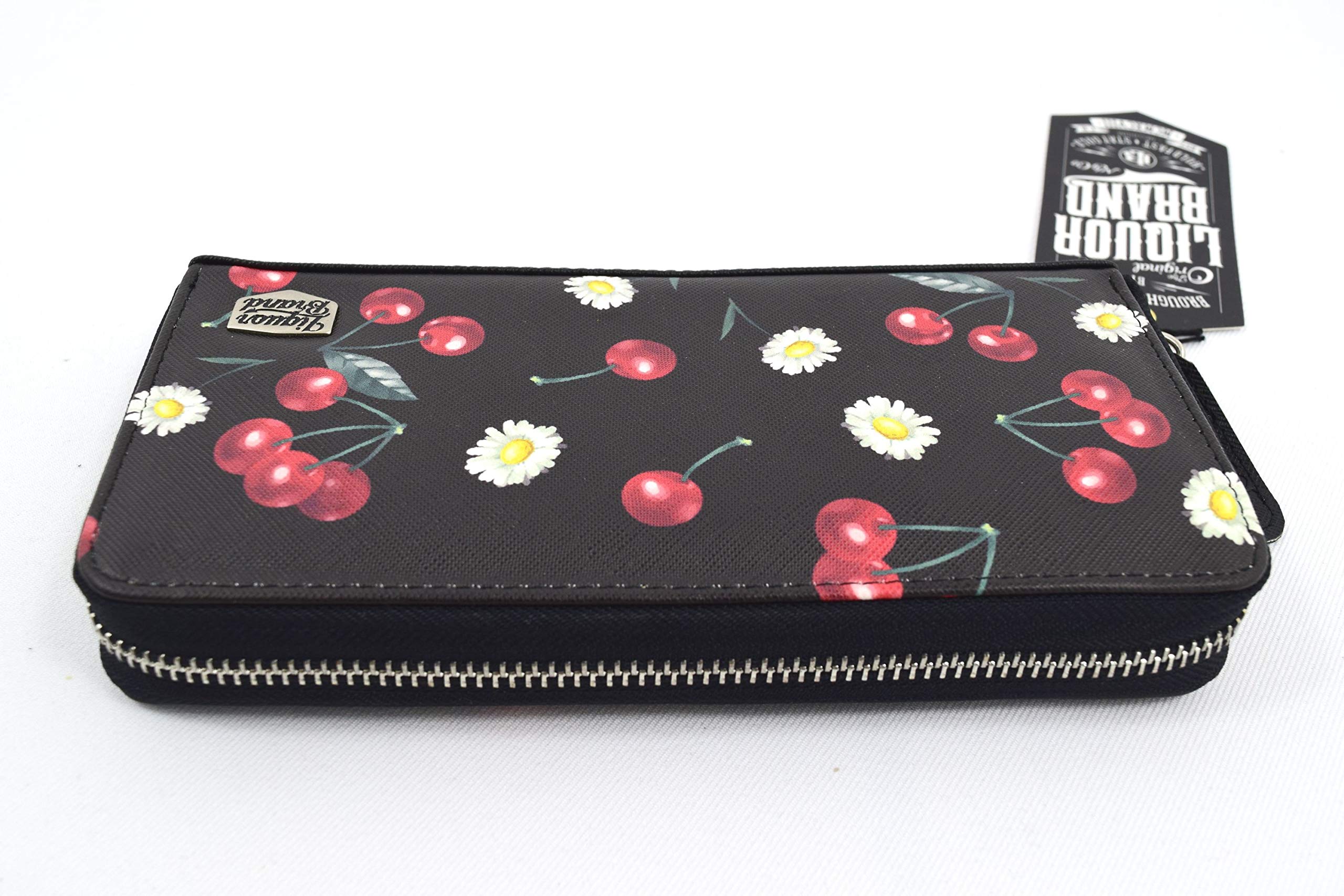 Liquor Brand Cherry Daisy Black zip Around wallet