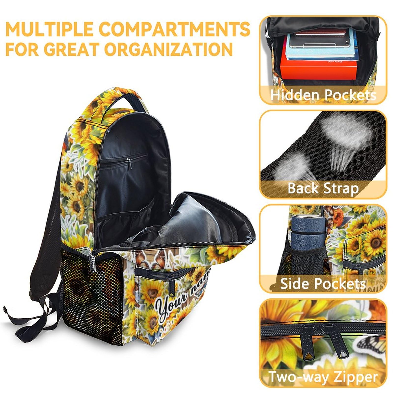 COOPASIA Personalized Sunflower Backpack for Girls, 16 Inch Aesthetic Backpack for School, Yellow, Adjustable Straps, Durable, Lightweight, Large Capacity Bookbag for Kids
