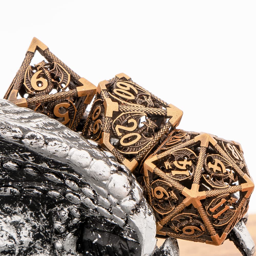 DND Dice Set D&D Dice, RUNFNG Ancient Gold Metal Dungeon Dragon Dice Set Lightweight Balance Roller Hollow Dice Set with Cool Box, Polyhedral Dice Set for Warhammer Shadowrun D20 D12 D10 D8 D6 D4
