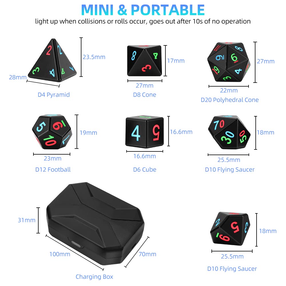 DND Dice Set Laelr Polyhedral DND Dice 7 PCS Glowing Dice Set with Charging Box Electronic Dices Shake to Light Up Dice D&D Dice Rechargeable for Dungeon and Dragons Role Playing Game Tabletop Games