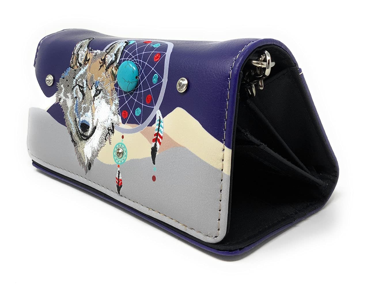 Western Wolf Dream Catcher Embroidery Feather Conceal Carry Women Handbag Purse in 5 colors (Black Wallet)