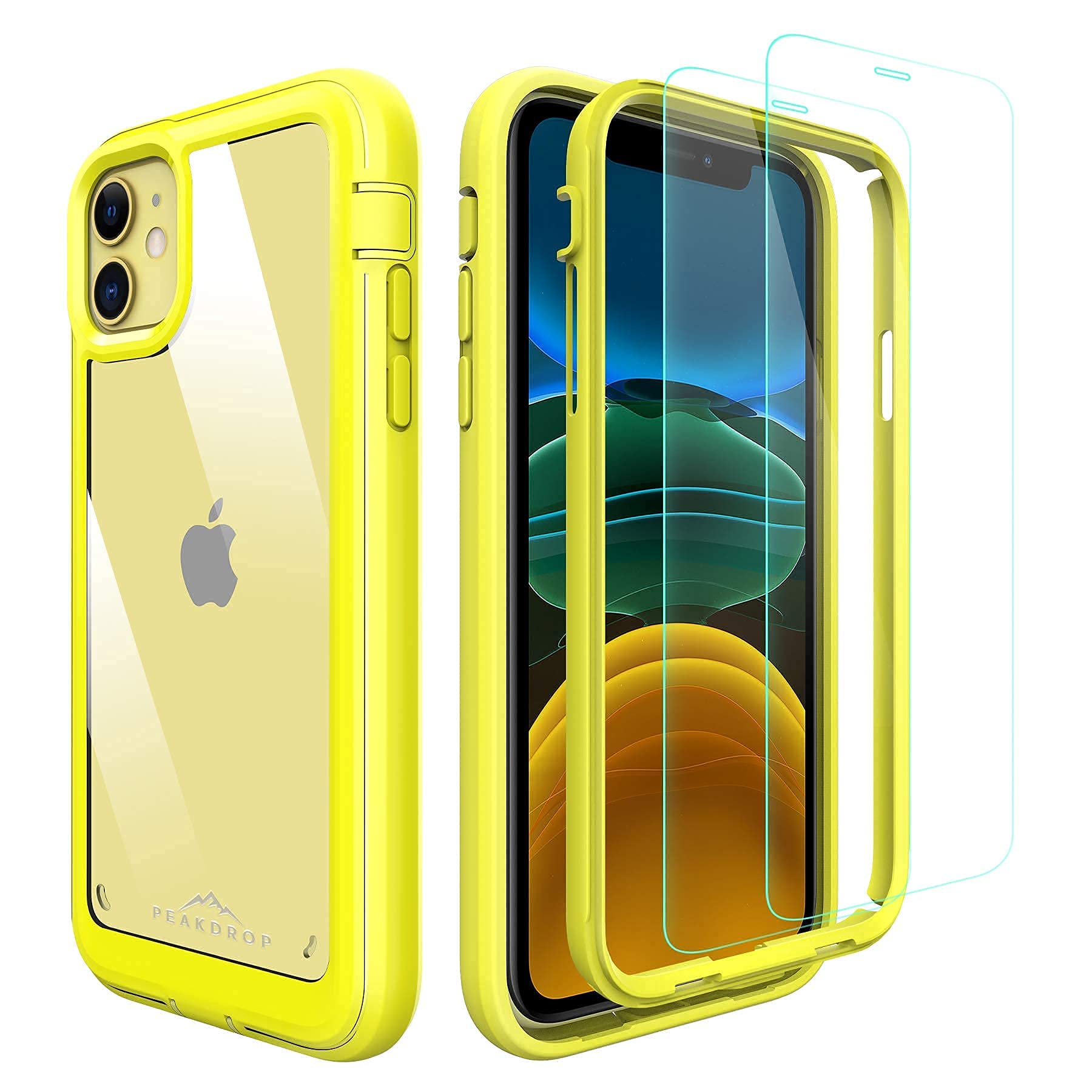 Case for iPhone 11, and [2 x Tempered Glass Screen Protector] 360 Full Body Coverage Heavy Duty Shockproof TPU Bumper with Clear Hard Back 3in1 (Yellow
