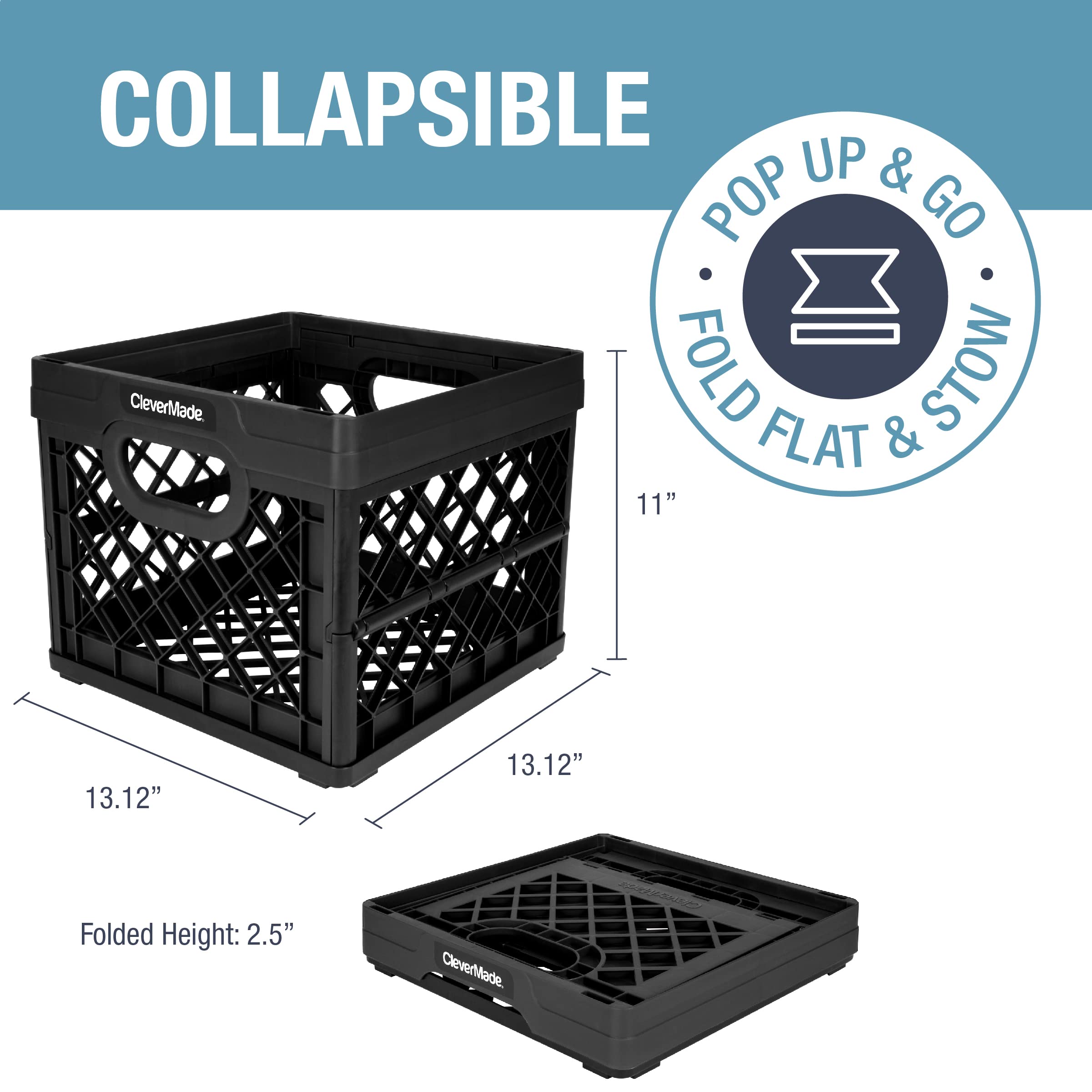 CleverMade Eco 24L Collapsible Reusable Plastic Grocery Shopping Baskets & Collapsible Milk Crates, 25L Plastic Stackable Storage Bins CleverCrates Utility Folding Baskets, Pack of 3, Black
