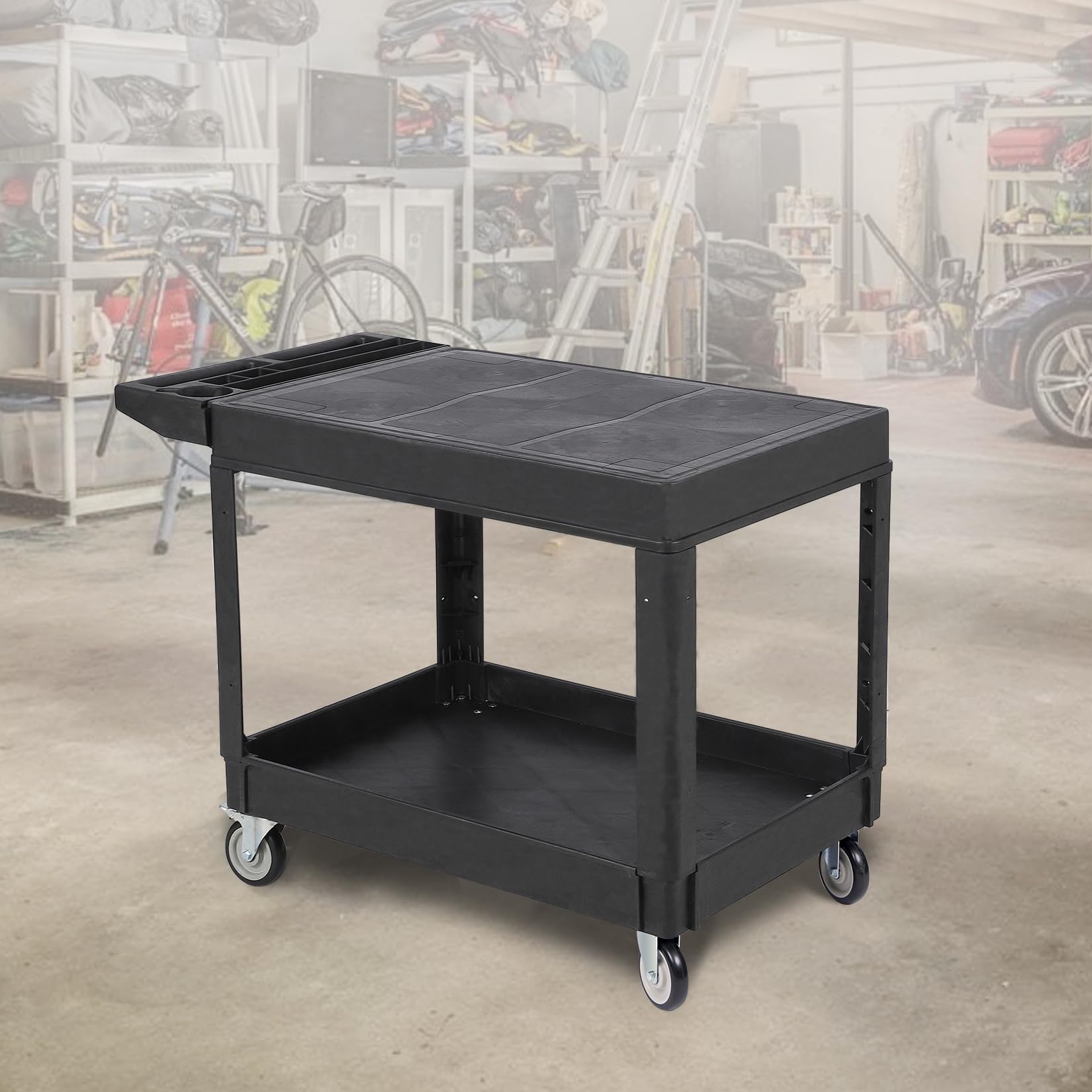 GarveeTech Utility Service Cart Flat top, 550 LBS Heavy Duty Plastic Rolling Utility Cart with 360°Swivel Wheels (2 with Brakes), 2 Shelves Work Cart Ergonomic Storage Handle for Warehouse Garage