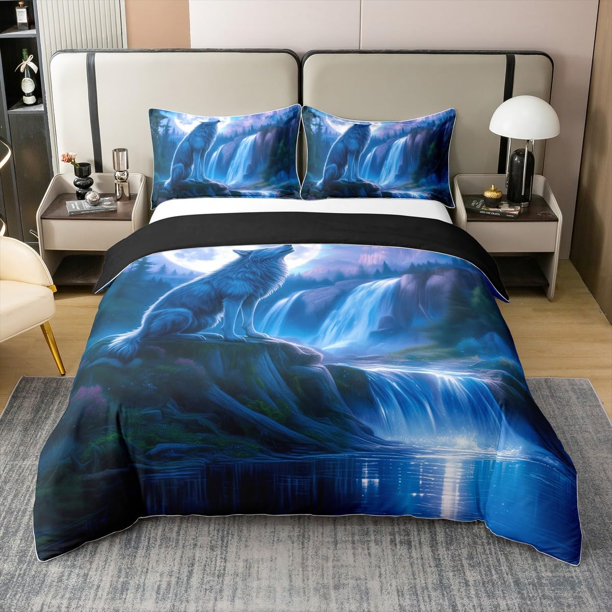Feelyou Wolf Bedding Set King Size Wolves Howling Comforter Cover Set Animal Wolves 100% Cotton Duvet Cover Mountain Moon Wolf Bedspread Cover Room Black Blue Decor Quilt Cover,No Comforter