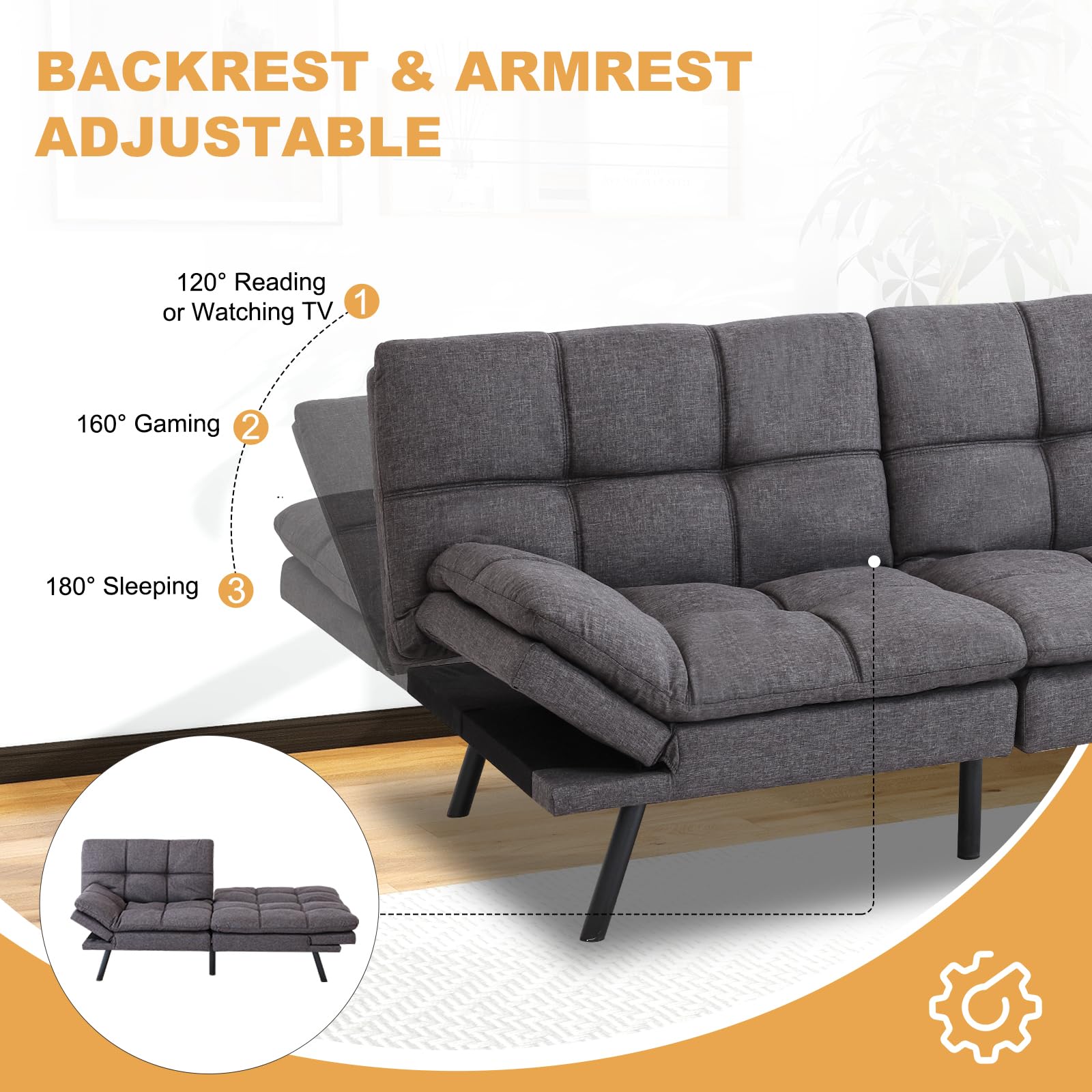 Futon Sofa Bed Couch ,Convertible Modern Sleeper Love Seat,Memory Foam Daybed for Living Room,Office,Apartment,Adjustable Backrests & Armrests,71" Sofabed,Dark Gray.