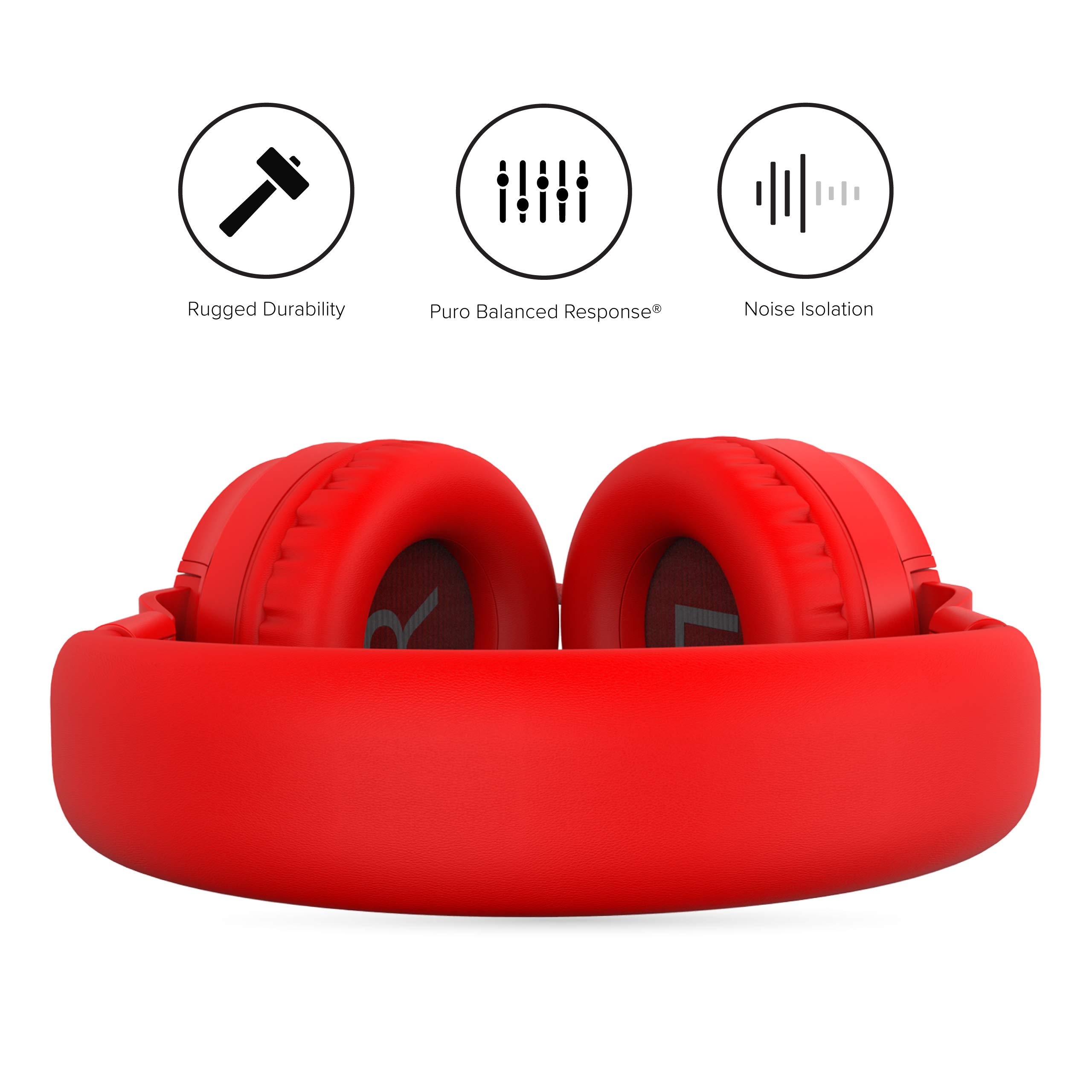 Puro Sound Labs PuroBasic Volume Limiting Wired Headphones for Kids, Foldable & Adjustable Headband w/Microphone, Compatible with Smartphones, Tablets and PC’s –Red