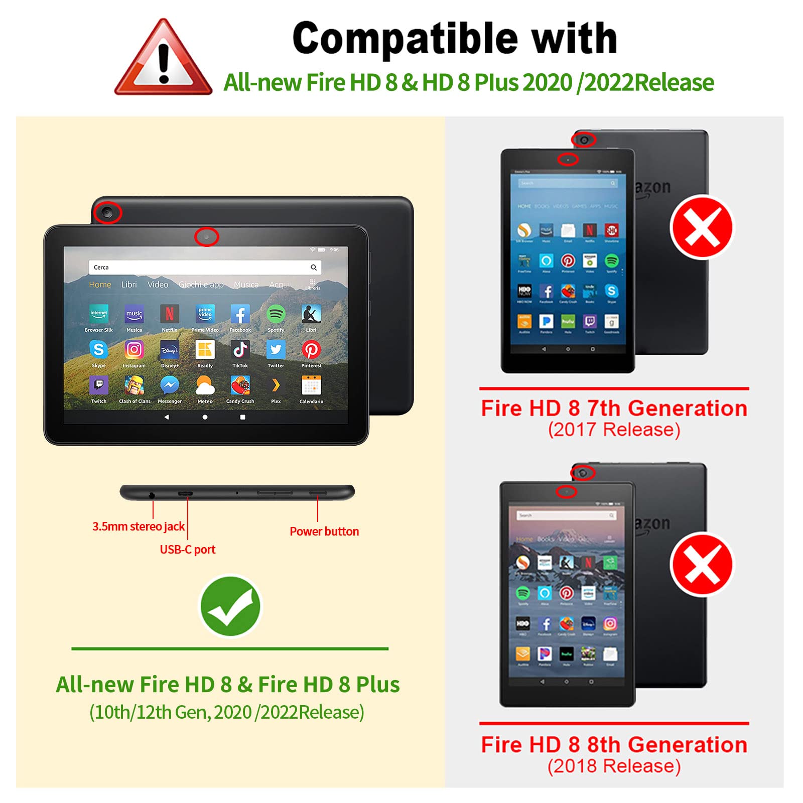 COOWPS Case for Amazon Kindle Fire HD 8 Tablet 8"(12th/10th Generation, 2022/2020 Release) & HD 8 Plus Tablet - Slim Folding Stand Cover with Auto Wake/Sleep and Hand Strap