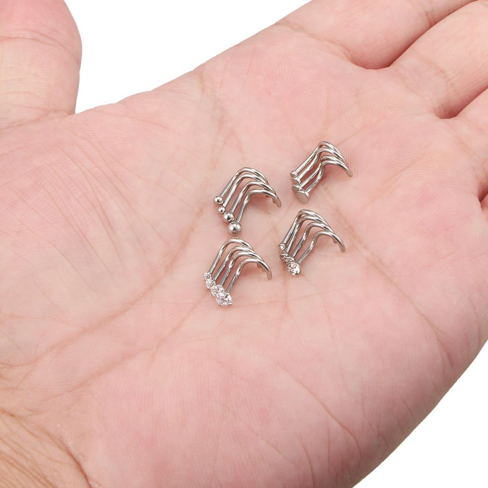 Ruifan 16PCS 18G Surgical Steel 1.5mm 2mm 2.5mm 3mm Top Flat & Ball & Clear Round & Jeweled Clear CZ Curved Nose Stud Ring Screw Piercing Jewelry - Silver