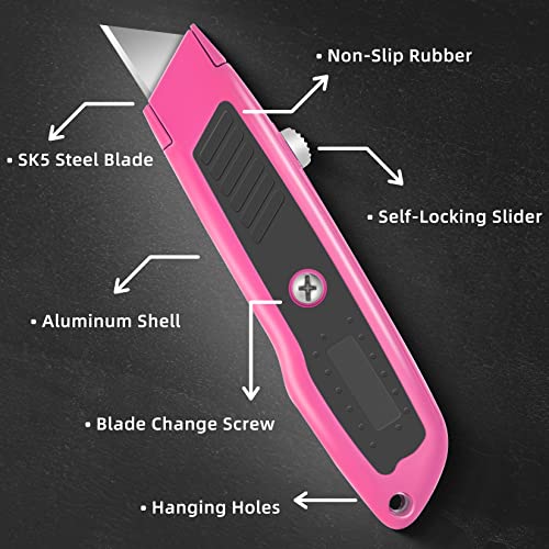 DIYSELF 2 Pack Box Cutter Retractable Heavy Duty Utility Knife, Ergonomic Razor Knife for Warehouse, Office, Exacto Knife Box Opener for Package, Cardboard (Pink)
