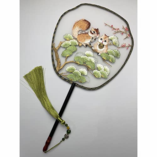 ERTUO Chinese Embroidered Hand Fan (Squirrel) Hanfu Accessories Chinese Round Fan