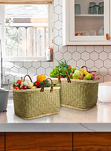 Serene Spaces Living Small Handmade Straw Tote Paired with Leather Handles, Raffia Lined Handbag, Straw Beach Bag, Summer Tote for Everyday Use, Grocery Shopping, 19.5" Long, 8.5" Wide & 10.5" Tall