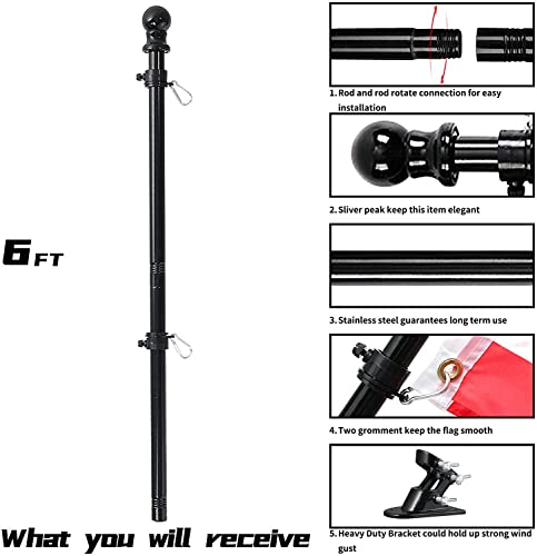 Flag Pole with Bracket,5FT/6FT Flagpole Kit American Flag with Pole Holder Mounting Bracket Stainless Steel Heavy Duty for Garden Yard Truck Boat Rustproof (6FT, Black Flag Pole With Black Bracket)