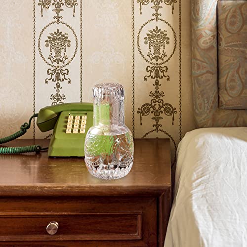 Vintage Bedside Water Carafe and Glass Set for Bedroom Nightstand, Bediside, Thicked Glass Mouthwash Decanter for Bathroom, Water Pitcher Set (33 OZ)