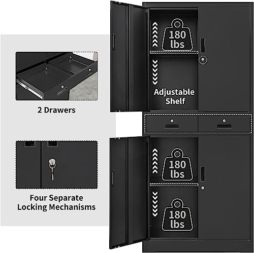 CJF Metal Storage Cabinet with Adjustable Shelves and Drawers, Locking Steel Storage Cabinet for Pantry, Office, Garage, Home, School, Utility (Black)
