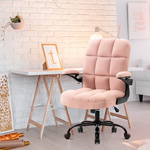 SEATZONE Pink Home Office Desk Chairs with Flip-up Armrest, Faux Fur, Fuzzy Computer Rolling Chair with Wheels, Adjustable Backward Tilt