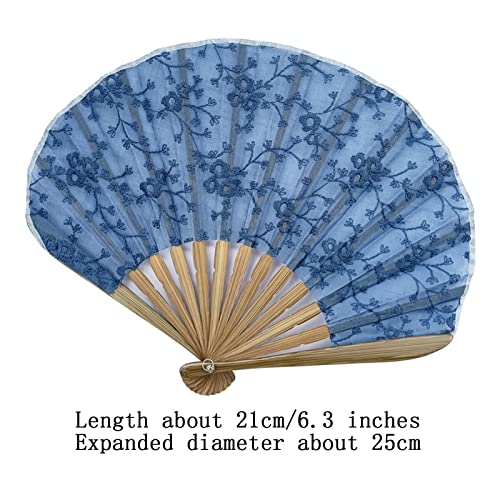 ERTUO Folding Fan Hand Fan lace Fan Retro Embroidery Folding Fan Blue
