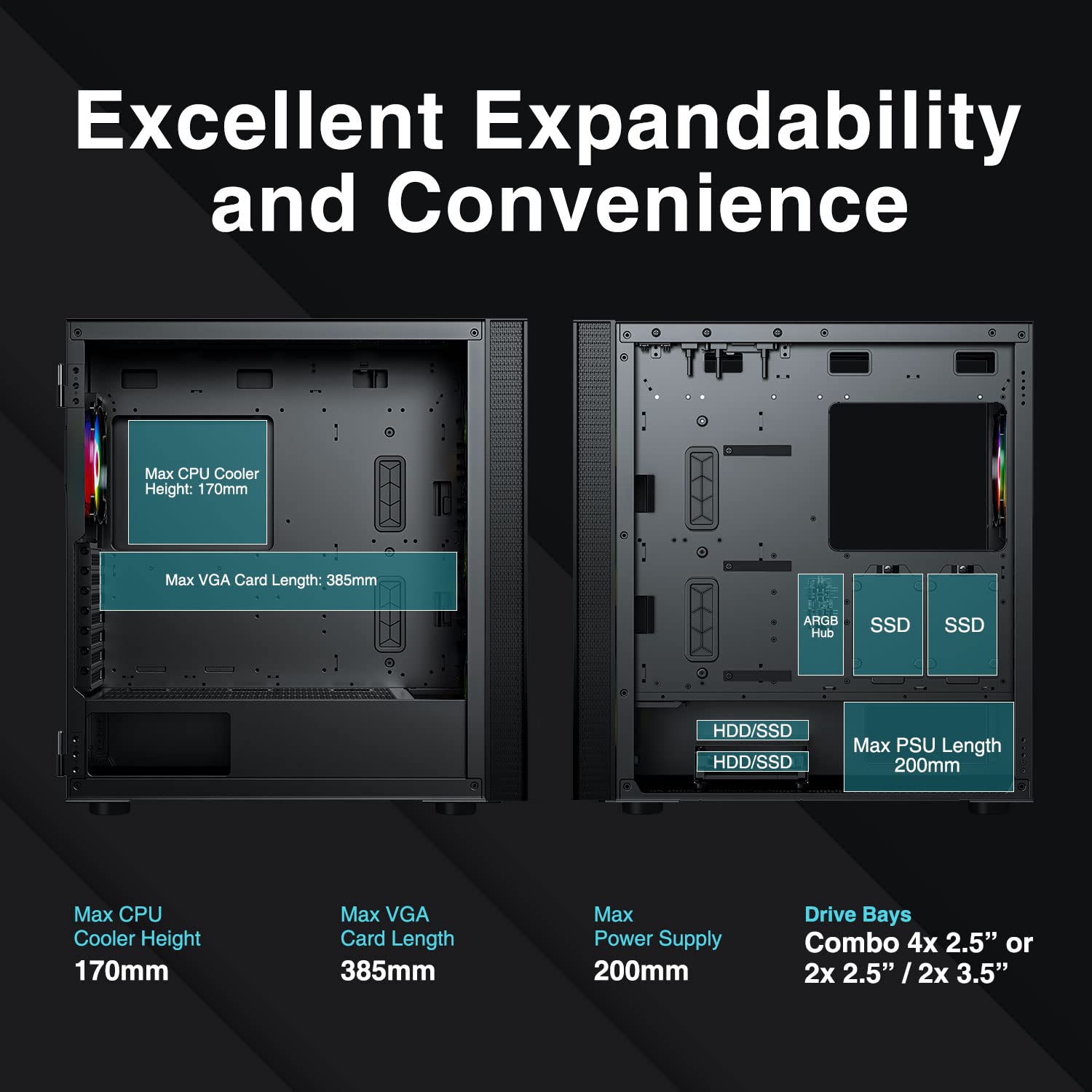 DARKROCK CASPIAN Mid-Tower E-ATX/ATX Gaming PC Case, Top 360mm Radiator Support, Pre-installed Front 3X 140mm & Rear 120mm ARGB Fans and Controller Hub, Tempered Glass Front & Side Panel