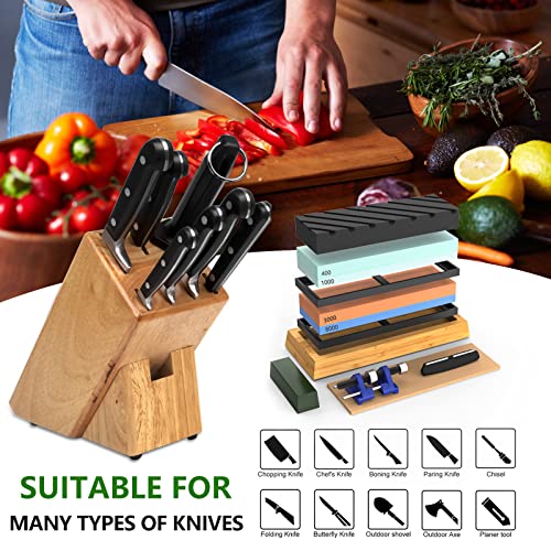 Knife Sharpening Stone Set, Premium 4 Side Grit 400/1000 3000/8000 Whetstone Sharpener Kit with Cut Resistant Gloves,Bamboo Base,Flattening Stone,Angle Guide,Honing Guide,Leather Strop,Razor Strop