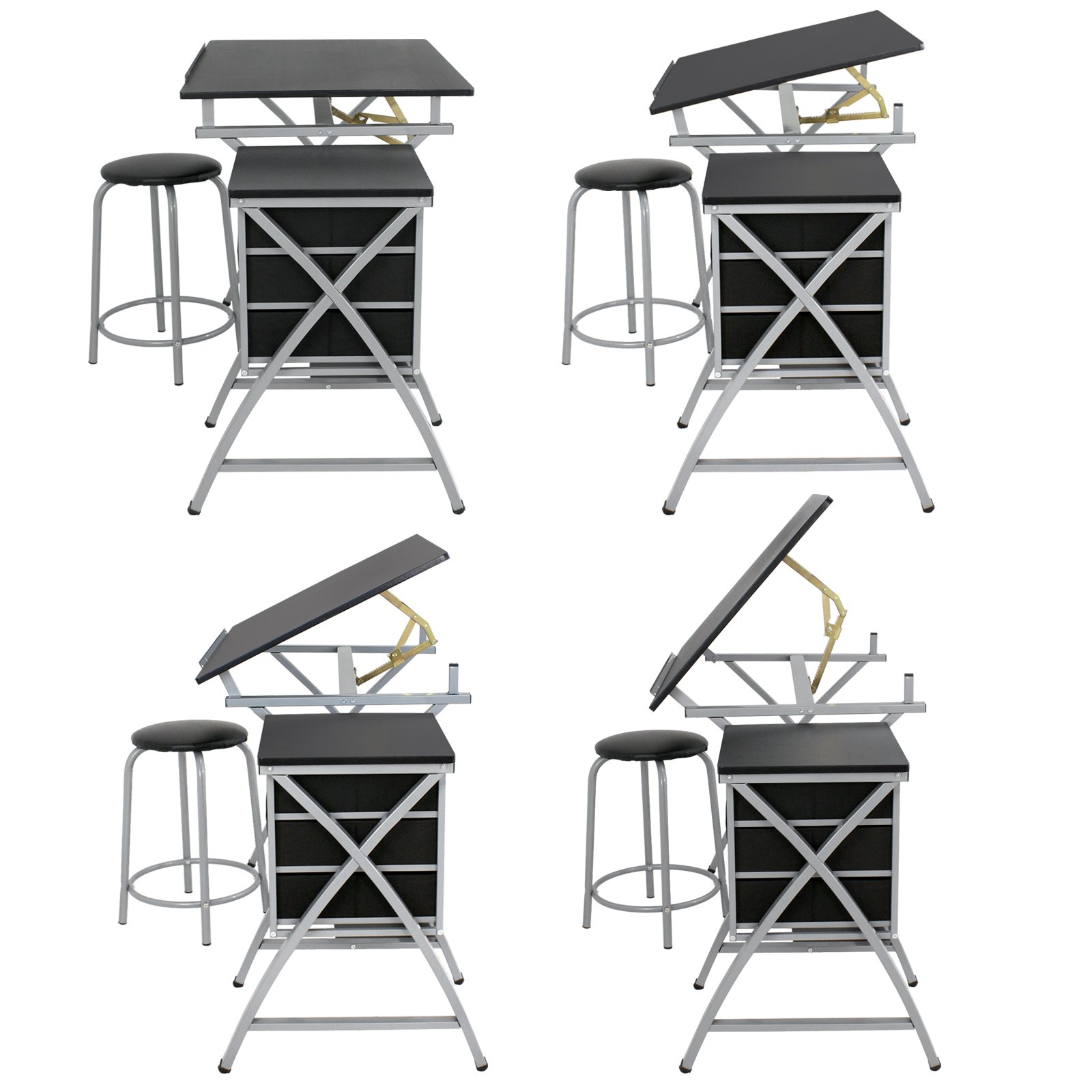 JupiterForce Drafting Table with Tiltable Tabletop and Stool, 3 Storage Drawers, Art Desks for Adults, Painters, Work Station, Home Office, Black