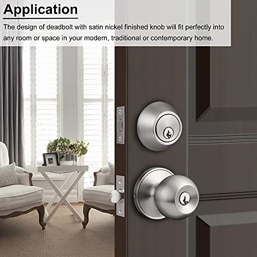Knobonly All Keyed Same, Front Door Handleset with Single Cylinder Deadbolt in Satin Nickel Finish, Keyed Alike for Every Set