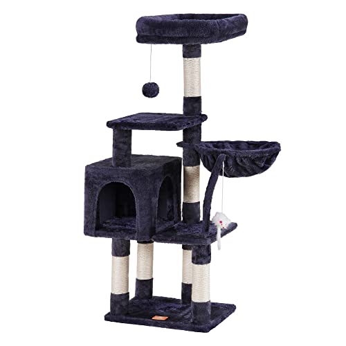 Heybly Cat Tree with Toy, Cat Tower condo for Indoor Cats, Cat House with Padded Plush Perch, Cozy Hammock and Sisal Scratching Posts, Smoky Gray HCT004SG