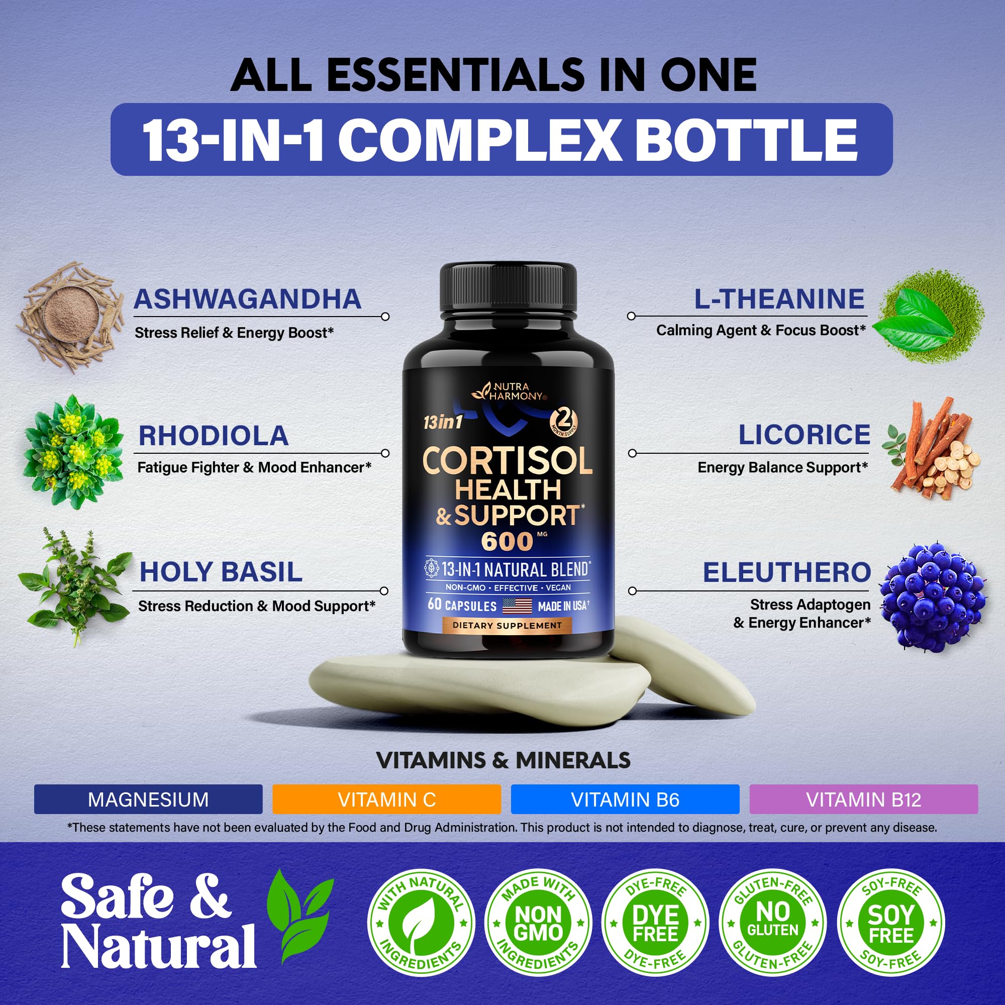Cortisol Supplement - Made in USA Supplement - Mood, Focus, Sleep Support - Vegan, Non-GMO, 2 Month Supply, Natural Flavor