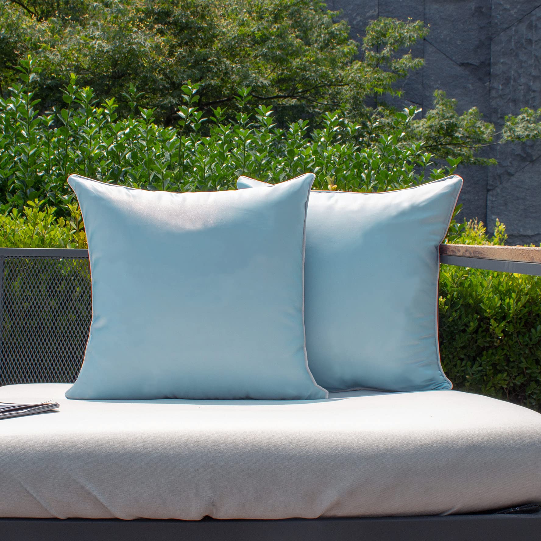 Kevin Textile Patio Furniture Pillows Outdoor Waterproof Pillow Covers with White Piping for Garden Couch, 2 Pieces, 20"x20", Light Blue