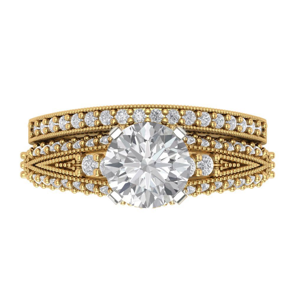 Clara Pucci 2.10ct Round cut Custom Engraving Pave White Sapphire Engagement Ring Band Wedding Bridal Set 14k 2 Tone Gold Size 4.25