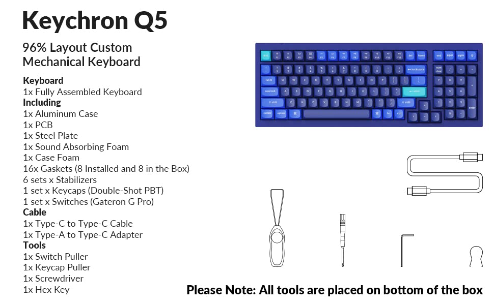 Keychron Q5 RGB QMK/VIA Programmable Macro Wired Custom Mechanical Keyboard with Hot-Swappable Gateron G Pro Brown Switch, 96% Layout Full Aluminum Double Gasket for Mac Windows Linux(Blue)