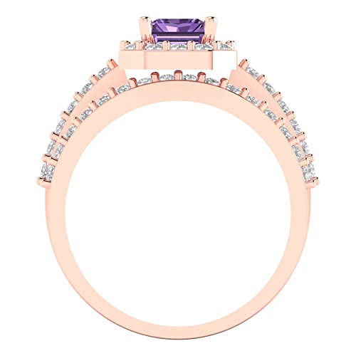 Clara Pucci 2.20ct Emerald Cut Halo Solitaire Accent Created Alexandrite Engagement Anniversary Bridal Ring Band set 18K Rose Gold 7.75
