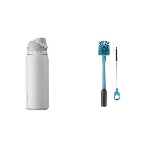 Owala FreeSip Insulated Stainless Steel Water Bottle with Straw for Sports and Travel, BPA-Free, 32-Ounce, Shy Marshmallow & 2-in-1 Water Bottle and Straw Cleaning Brush, Smokey Blue