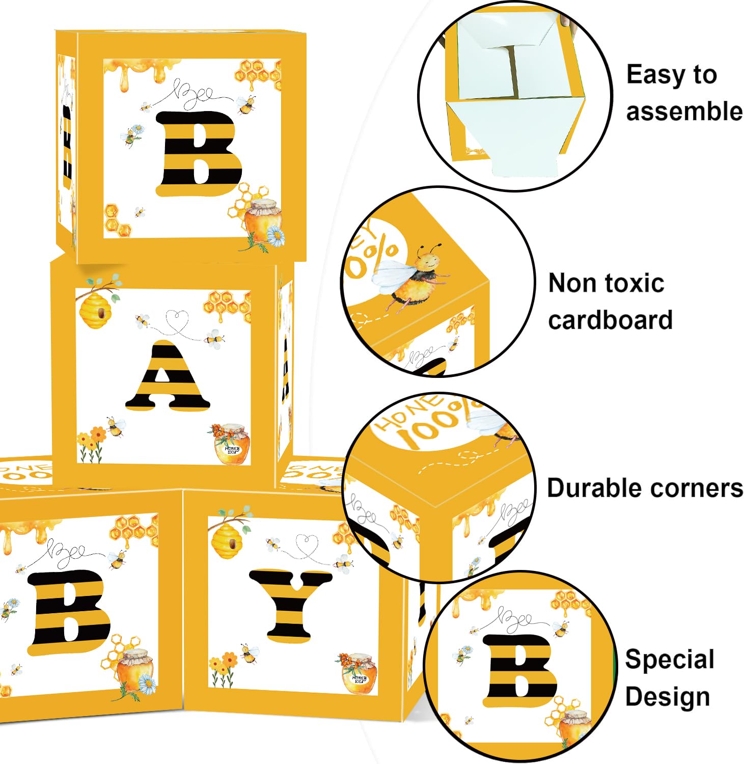 FVABO Bee Baby Shower Balloon Boxes Decorations - 4Pcs What Will It Bee Gender Reveal Decorations Balloon Box, Honey Bumble Bee Theme Party Balloon Boxes Backdrop Block Party Supplies