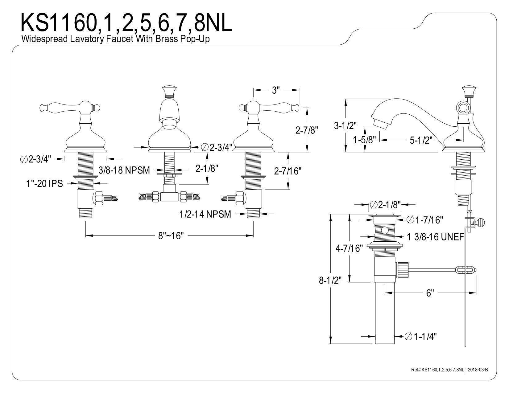 Kingston Brass Elements of Design ES1165NL Hot Springs 2-Handle 8' to 16' Widespread Lavatory Faucet with Brass Pop-up, 5- 1/2', Oil Rubbed Bronze
