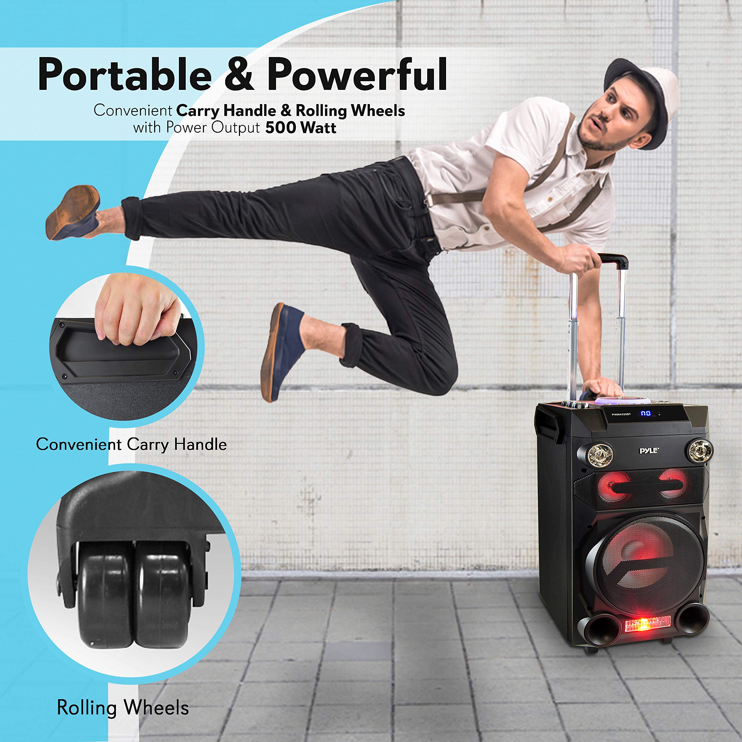 Pyle Portable Wireless Bluetooth Karaoke PA Loud speaker - 8'' Subwoofer Sound System with DJ Lights, Rechargeable Battery, FM Radio, USB / Micro SD Reader, Microphone, Remote - PWMA335BT