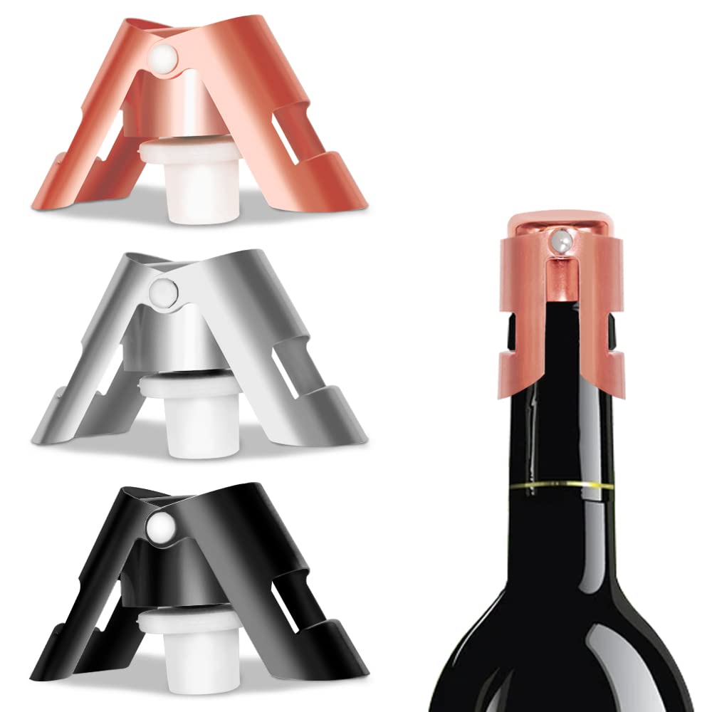 DLAND 3 Pack Stainless Steel Champagne Stopper, Bottle Sealer, Airtight and Leak-proof Stopper Protector (Silver,Black,Rose Gold)