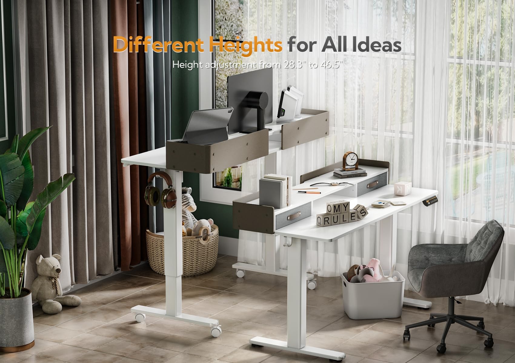 Claiks Standing Desk with Drawers, Stand Up Electric Standing Desk Adjustable Height, Sit Stand Desk with Storage Shelf and Splice Board, 55 Inch, White