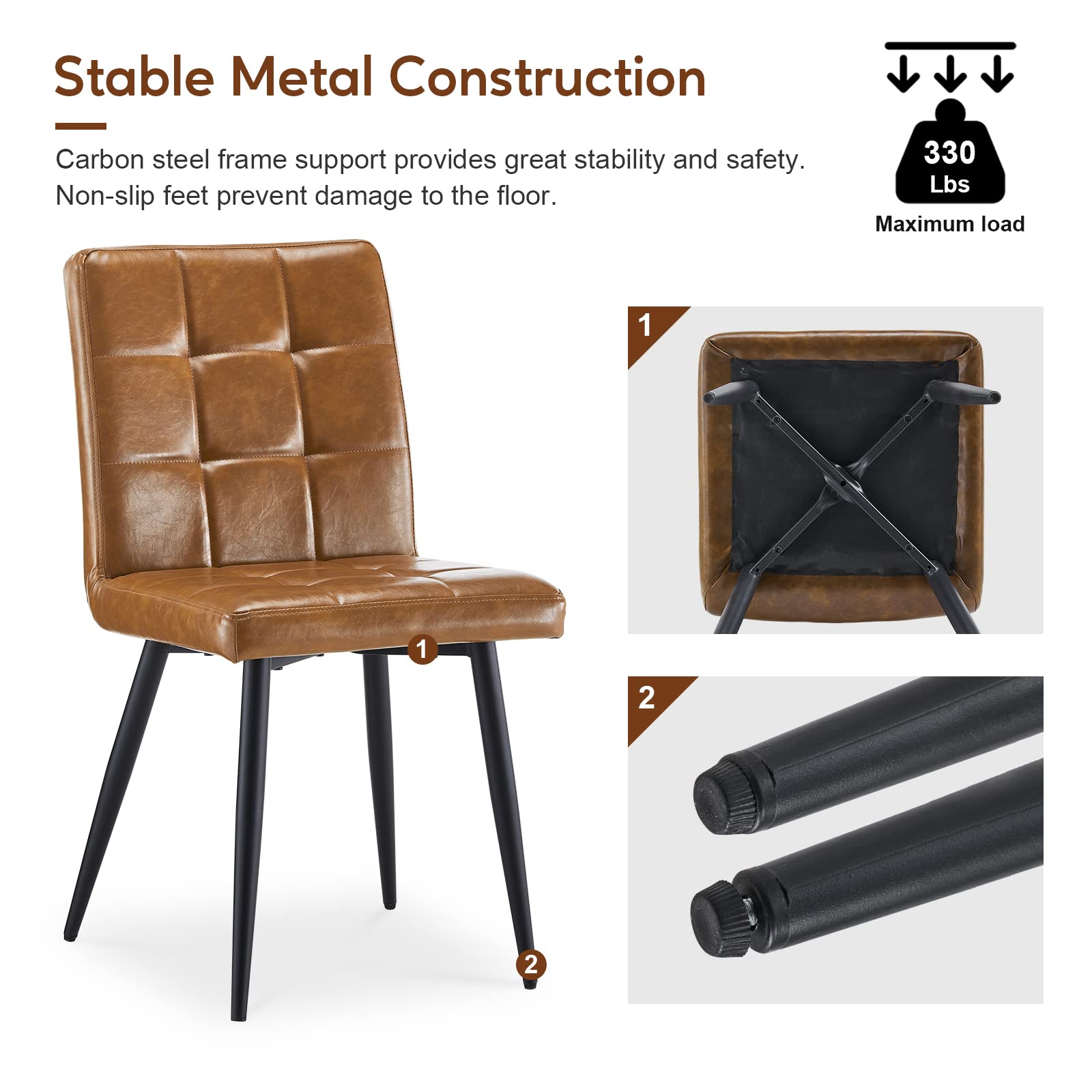 CLIPOP Kitchen Faux Leather Dining Chairs set of 4, Mid-Century Modern Dining Chair with with Square Grid Backrest Heavy Duty Metal Legs, Armless Kitchen Accent Chair for Living Room, Light Brown