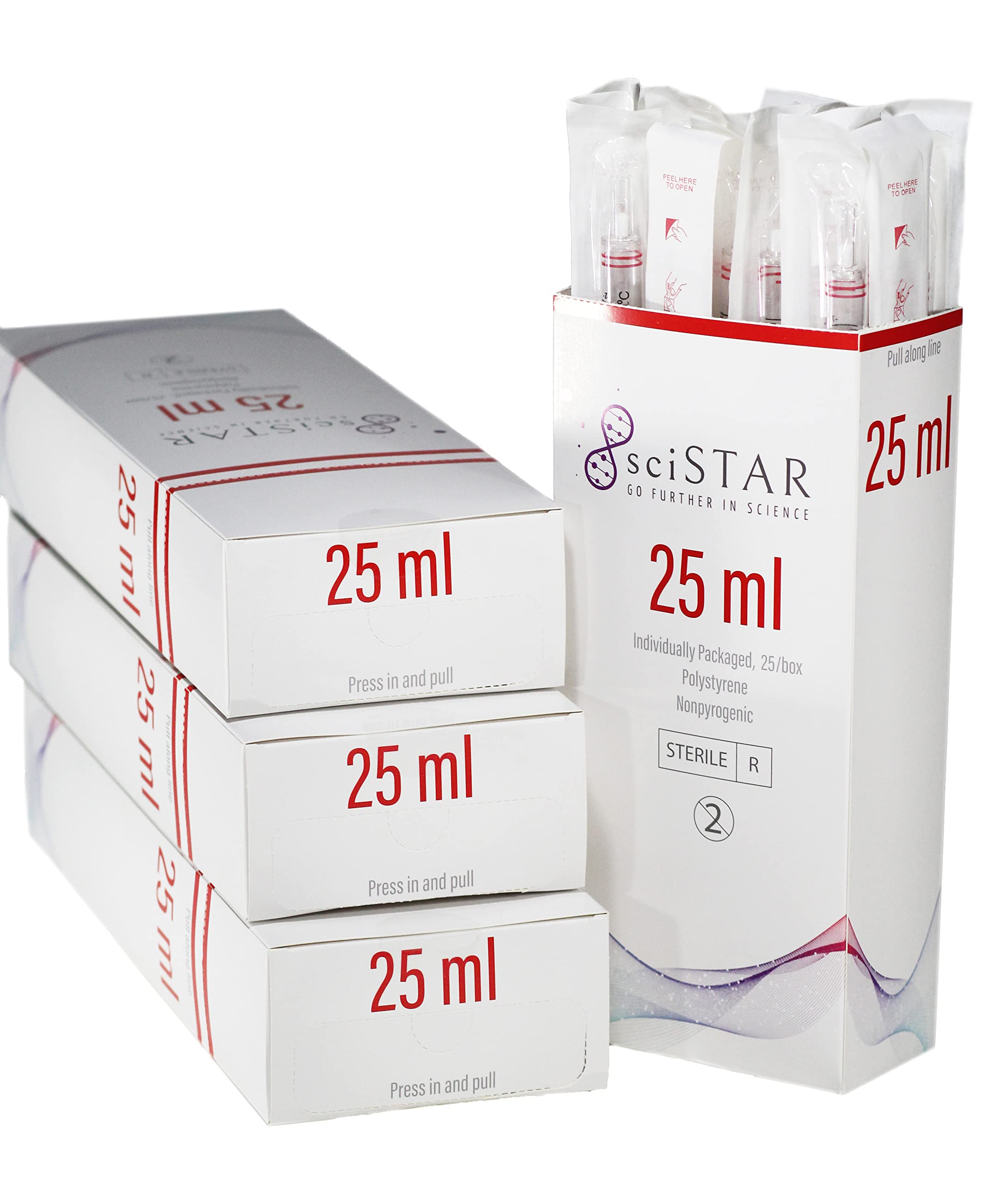 SciStar 25mL Disposable Polystyrene Serological Pipettes, Individually Wrapped, Sterile, Standard Length, Laboratory Grade, (Case of 100)