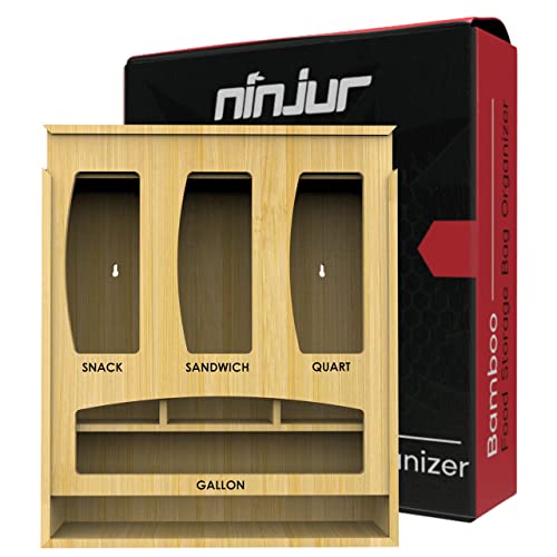 Ninjur Bamboo Ziploc Bag Storage Organizer & Dispenser for Kitchen Drawer – Food Baggie Organization Holder with Slider - Compatible with Gallon, Quart, Sandwich and Snack Plastic Bags