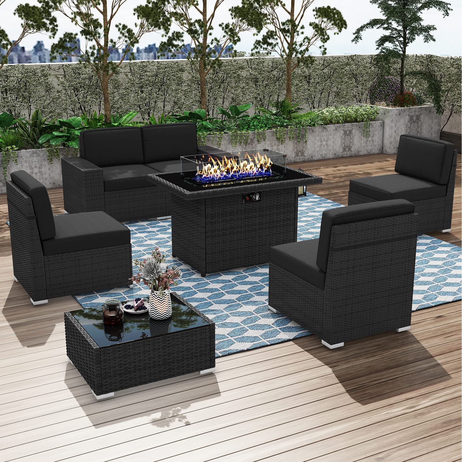 KHOLH 7 Pieces Patio Furniture Conversation Sofa Set with 44" Propane Gas Fire Pit Table, Outdoor Sectional Rattan Wicker Sofa Set